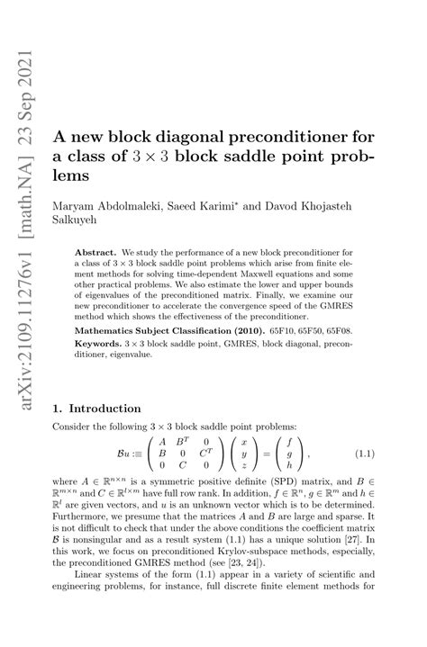 Pdf A New Block Diagonal Preconditioner For A Class Of 3times 3