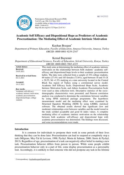 Pdf Academic Self Efficacy And Dispositional Hope As Predictors Of Academic Procrastination