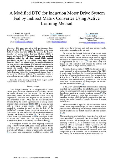 Pdf A Modified Dtc For Induction Motor Drive System Fed By Indirect Matrix Converter Using