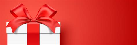 흰색 선물 상자는 수평 배경에 서있는 빨간색 리본으로 묶여 있습니다 선물 상자 벡터 배너 3차원 형태에 대한 스톡 벡터 아트 및