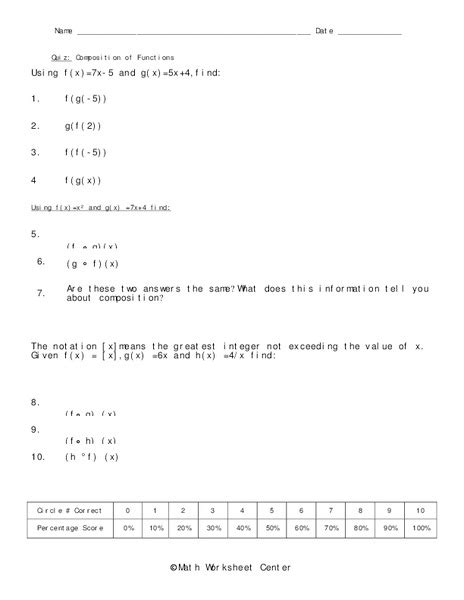 Composition Of Functions Worksheet For 10th Grade Lesson Planet