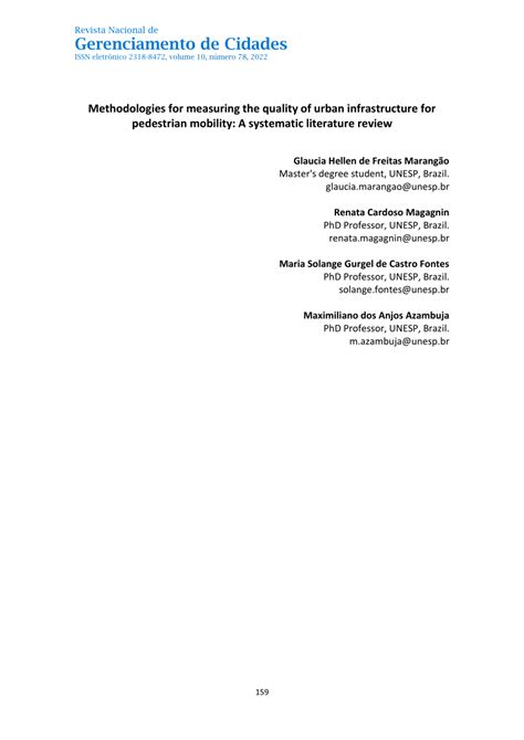 Pdf Methodologies For Measuring The Quality Of Urban Infrastructure For Pedestrian Mobility A