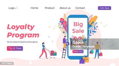 로열티 프로그램 랜딩 페이지 템플릿입니다 온라인 상점 보너스 또는 보상의 홍보 광고에 대한 현대적인 평면 벡터 일러스트레이션 계절 할인 웹사이트 세일 배너 개념에 대한 스톡