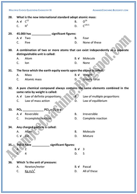 Adamjee Coaching Xi Chemistry Mcqs Fundamental Concepts Of Chemistry