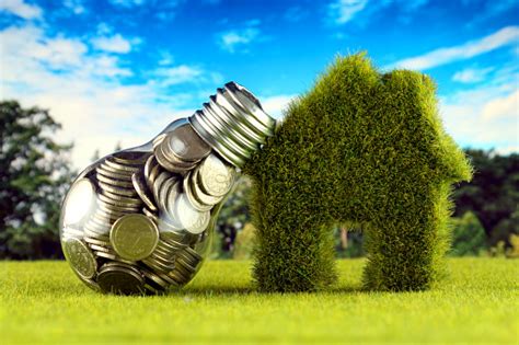 전구 안의 동전과 잔디가 있는 미니어처 하우스 녹색 에코 재생 에너지 개념입니다 전기 가격 가정의 에너지 절약 0명에 대한 스톡 사진 및 기타 이미지 Istock