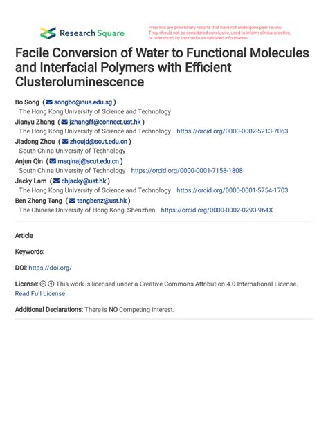 Pdf Facile Conversion Of Water To Functional Molecules And Interfacial Polymers With Efficient