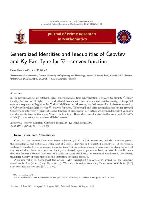 Pdf Generalized Identities And Inequalities Of ČebyŠev And Ky Fan Type For ∇−convex Function