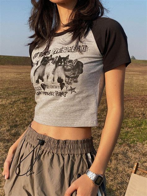Buy Cat Print Y2k Crop Top Shoptery Styles De Mode Coréenne Tenues