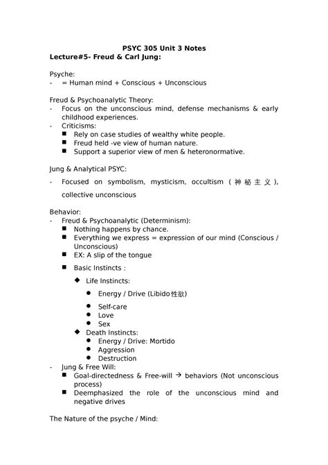 psyc 305 unit 3 notes psyc 305 unit 3 notes lecture 5 freud and carl