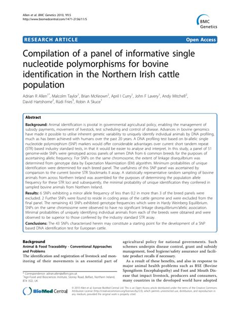 Compilation Of A Panel Of Informative Single Nucleotide Polymorphisms For Bovine Identification