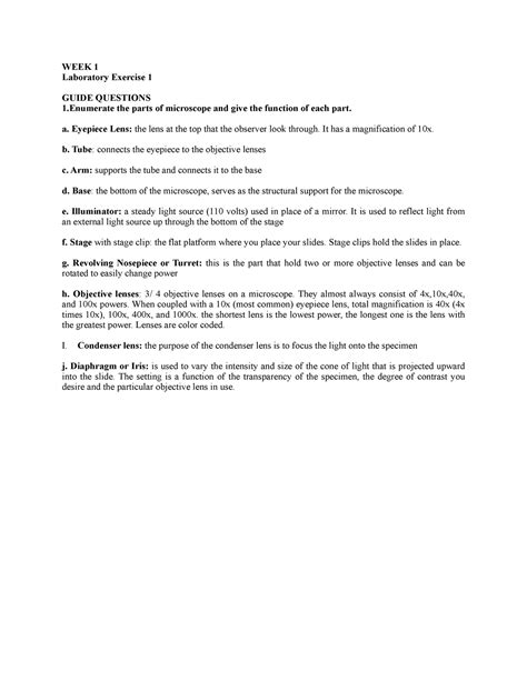 Microbiology Laboratory Exercise On Microscope WEEK Laboratory Exercise GUIDE QUESTIONS