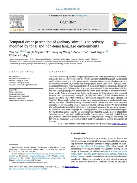 Temporal Order Perception Of Auditory Stimuli Is Selectively Modified By Tonal And Non Tonal