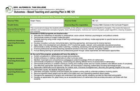 Outcomes Based Teaching Learning Plan Obtlp Graph Theroy Docx