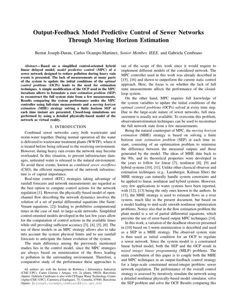 Pdf Output Feedback Model Predictive Control Of Sewer Networks