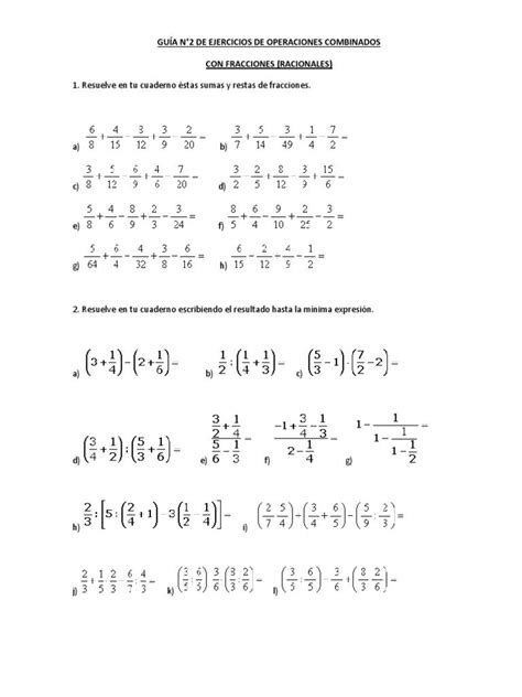 Guía De Ejercicios De Operaciones Combinadas Con Fracciones
