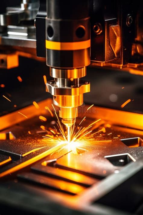 Close Up Of Cnc Milling Machine Cutting Complex Shape In Metal With Sparks Flying Precise