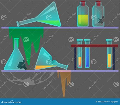 Broken Laboratory Beaker Sign Test Tube On Dark Background On Shelves Failed Experiment In Lab