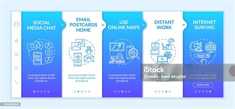 인터넷 통신 온보딩 벡터 템플릿 온라인 채팅 및 작업 인터넷 서핑 아이콘이 있는 반응형 모바일 웹사이트 웹 페이지 연습 단계 화면 Rgb 색상 개념 Brand Name