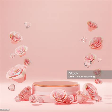 핑크 장미 꽃잎과 다이아몬드 플로팅 단일 연단 제품 디스플레이 웨딩 발렌타인 3d 렌더링 0명에 대한 스톡 사진 및 기타 이미지 0명 강단 개념 Istock