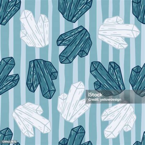 파란색 톤의 만화 크리스탈 요소와 원활한 무작위 패턴 스트라이프 라이트 파스텔 배경 가능성에 대한 스톡 벡터 아트 및 기타 이미지 가능성 결정체 광물질 Istock