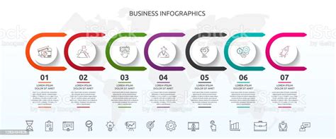 7개의 아이콘 다이어그램 그래프 프레젠테이션을 위한 벡터 인포그래픽 템플릿 서클 7 가지 옵션이있는 비즈니스 개념 콘텐츠 순서도 단계 타임라인 마케팅 0명에 대한 스톡 벡터