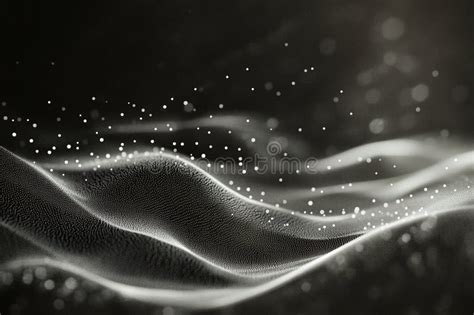 Dark Monochromatic Connected Dots Or Digital Particles Waves Minimalistic Abstract Background
