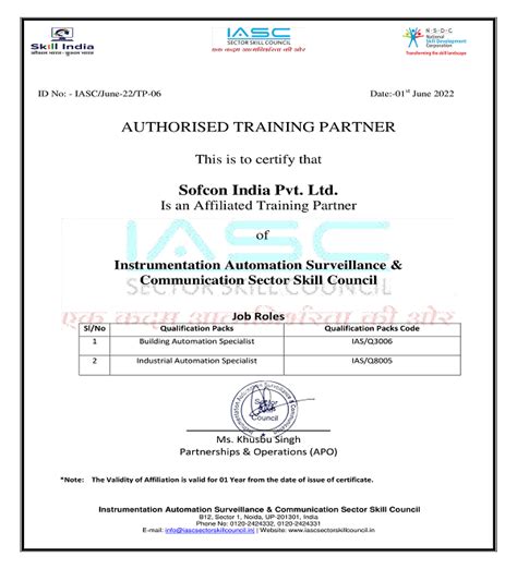 Nsdc And Skill Sector Council Training Certificate Of Sofcon India Pvt Ltd Nsdc Certified