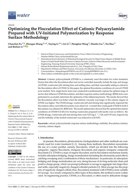 Pdf Optimizing The Flocculation Effect Of Cationic Polyacrylamide Prepared With Uv Initiated