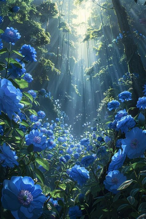 Картина с голубыми цветами в лесу