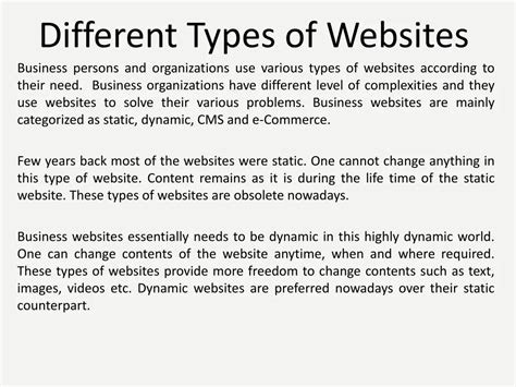 Ppt Different Types Of Websites Powerpoint Presentation Free