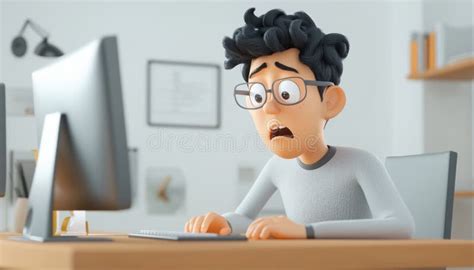 Serious Asian Man Working On Computer With Error Screen At Wood Desk