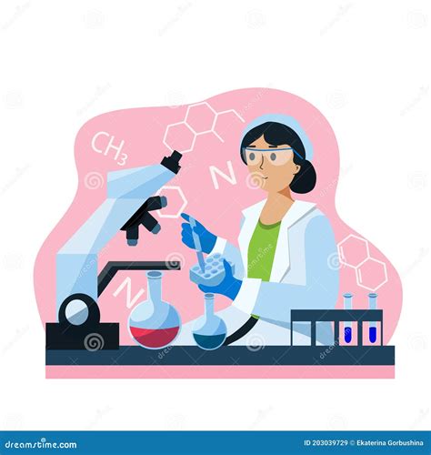 Scientist At Work In Laboratory With Microscope Characters Conducting Experiments In Lab Cartoon