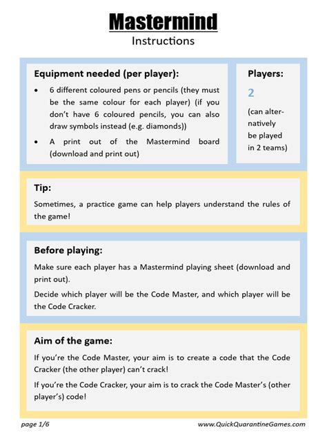 Mastermind Game Instructions Pdf Pdf Games And Activities