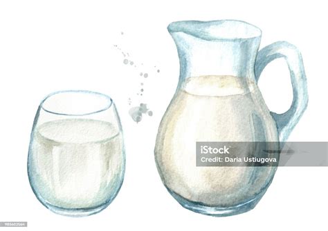 낙농 제품입니다 우유와 유리 주전자 흰색 배경에 고립 수채화 손으로 그린 그림 우유에 대한 스톡 벡터 아트 및 기타 이미지