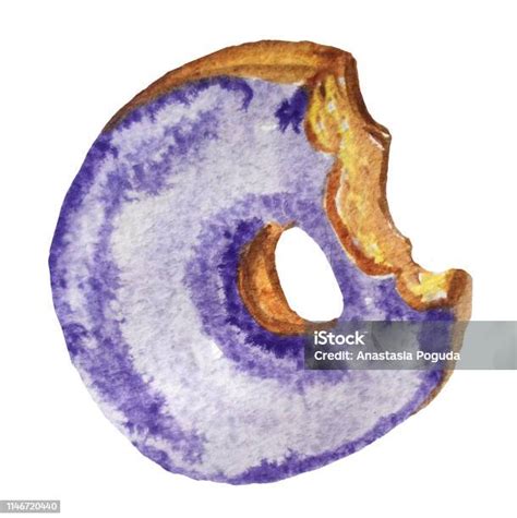 흰색 바탕에 라일락 유약과 물린 도넛 디자인에 대 한 수채화 그림 구도에 대한 스톡 벡터 아트 및 기타 이미지 구도 달콤한 음식 도넛 Istock