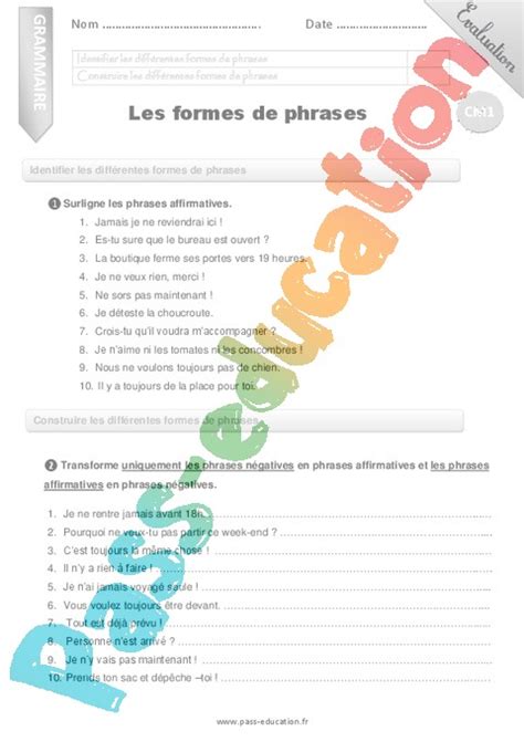 Formes de phrases CM Exercice évaluation révision leçon pdf à imprimer