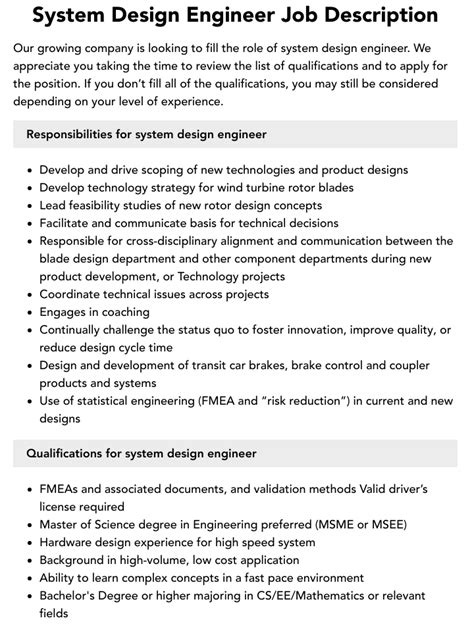 System Design Engineer Job Description Velvet Jobs