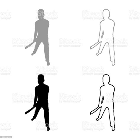 칼 마체테 콜드 무기를 손에 들고 있는 남자 칼 싸움으로 헌터 포즈 강한 수비수 컨셉 무기 스탠드 실루엣 그레이 블랙 컬러 벡터 일러스트 솔리드 윤곽 스타일 이미지 실루엣에