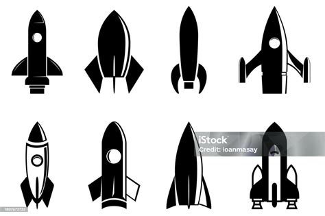 벡터 로켓 세트입니다 우주선 실루엣 컬렉션 라벨 및 엠블럼 디자인 템플릿입니다 벡터 일러스트 레이 션입니다 Anti Ballistic Missile에 대한 스톡 벡터 아트