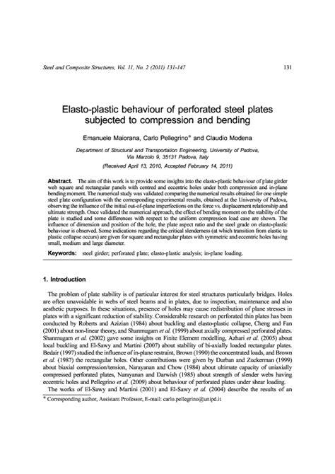 Pdf Elasto Plastic Behaviour Of Perforated Steel Plates Subjected To Compression And Bending