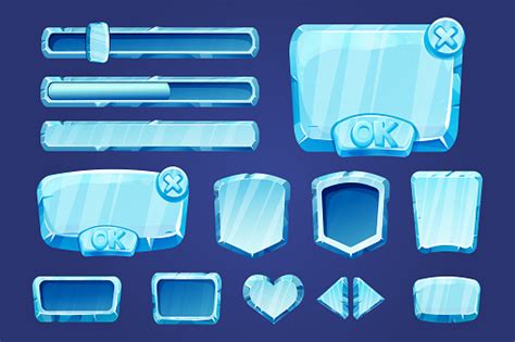 게임 메뉴 자산 얼음 버튼 만화 스타일의 인터페이스 요소 2d를 분리합니다 블록 모양 고정된 Gui 패널 슬라이더 화살표 벡터