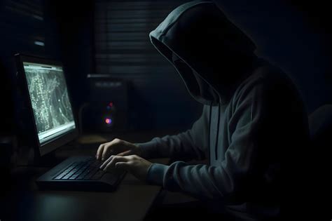 Premium Ai Image Hooded Hacker Stealing Data From A Computer At Night In Dark Room