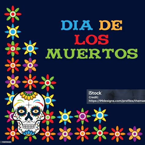 디 아 드 로스 안 돼 죽은 벡터 일러스트 레이 션의 하루 설탕 두개골 꽃 장식 테두리와 배너 또는 파티 전단지 디자인 벡터 0명에 대한 스톡 벡터 아트 및 기타 이미지