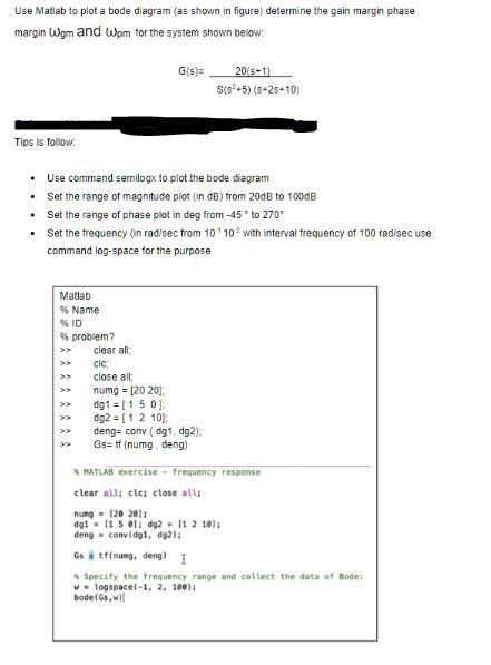 solved use matlab to plot a bode diagram as shown in the figure and determine the gain margin
