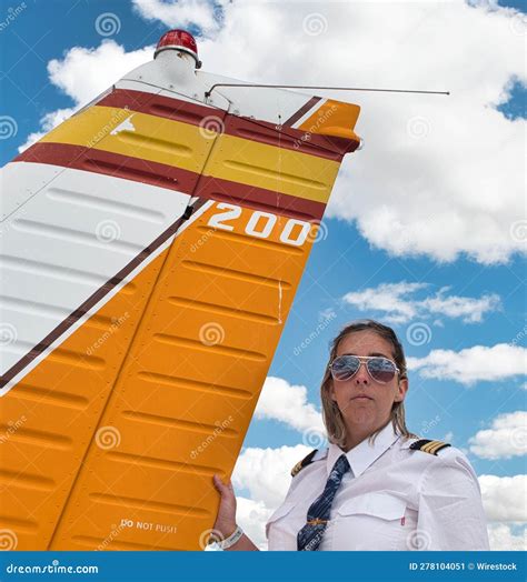 Caucasian Female Pilot Posing Near Her Airplane Stock Image Image Of