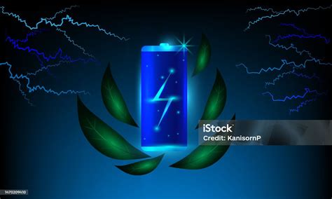 파란색 전기 배터리 충전 충전 배터리와 미래 지향적 인 빛나는 스타일의 녹색 잎이있는 에코 지속 가능한 에너지의 개념 대체 에코 에너지 기술 벡터 일러스트 레이 션입니다 0