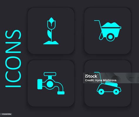 잔디 깎는 기계 꽃 튤립 수레 및 수도꼭지 아이콘을 설정합니다 검은색 사각형 버튼입니다 벡터 0명에 대한 스톡 벡터 아트 및 기타 이미지 Istock