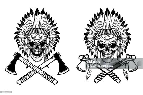 전통적인 머리 장식과 건너 토마호크에서 아메리카 원주민 두개골 엠블럼 사인 포스터 티셔츠디자인 요소 벡터 일러스트레이션 0명에 대한 스톡 벡터 아트 및 기타 이미지 Istock