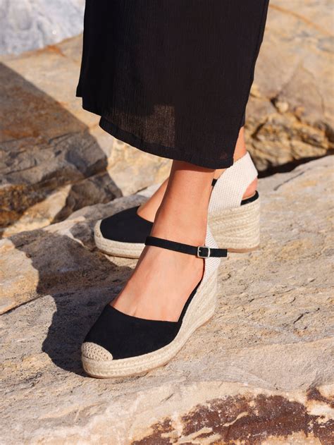 Black Faux Suede Closed Toe And Open Back Espadrille Wedge Linzi