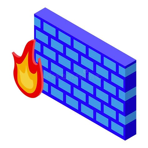 Firewall Protecting Network From Internet Virus With Burning Fire Symbol In Isometric 3d Style